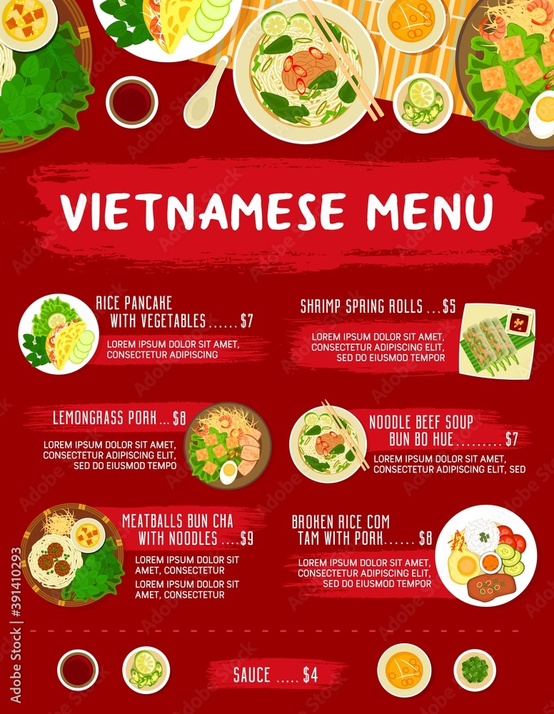 Vietnamese restaurant meals menu. rice pancake with vegetable ...