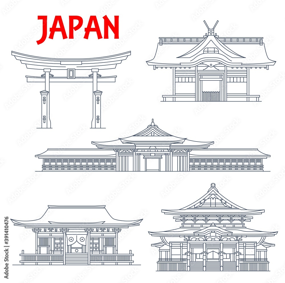 Vetor de Japan landmark icons, temples in Tokyo, pagodas and Torii ...