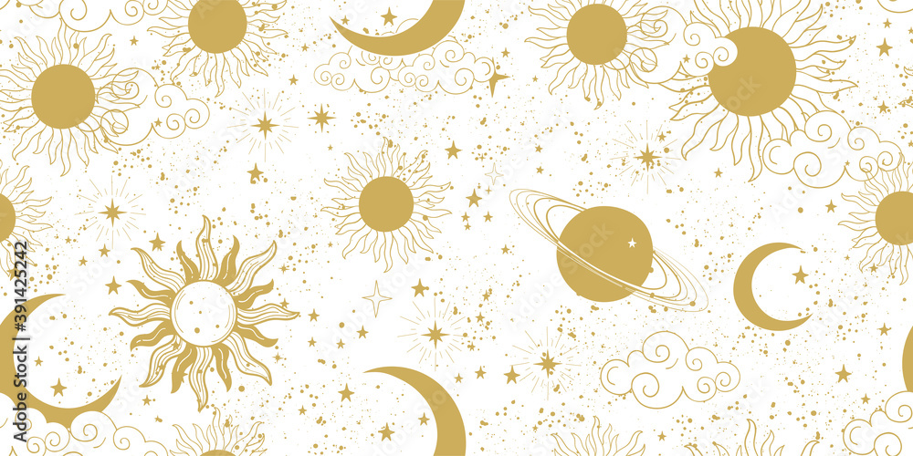 Seamless golden space pattern with sun, crescent, planets and stars on ...