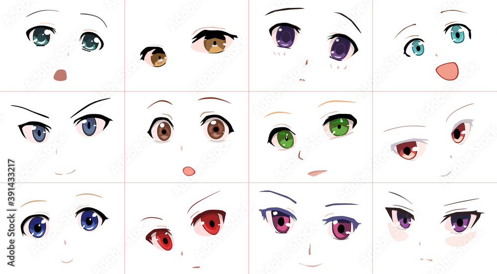 Set of Vector Cartoon Anime Style Expressions. Kawaii Cute Faces ...