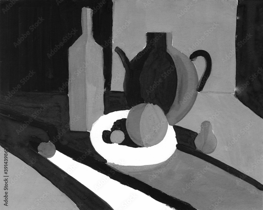 still life Chiaroscuro contrast of light and shadow, acrylic painting ...