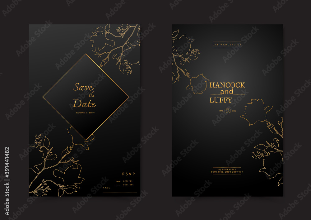 Dark background with gold floral wedding invitation card template ...