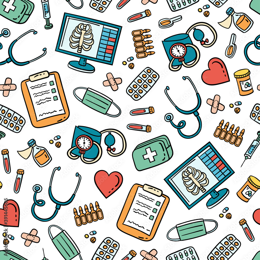 Vector seamless pattern on the theme of medicine. Colorful cartoon ...