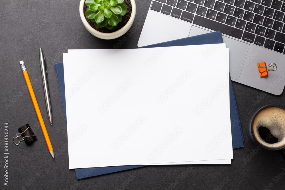Office workplace table with blank paper page Stock Photo | Adobe Stock