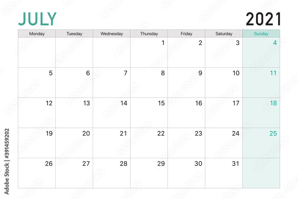 2021 July illustration vector desk calendar weeks start on Monday in ...