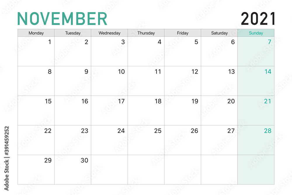 2021 November illustration vector desk calendar weeks start on Monday ...