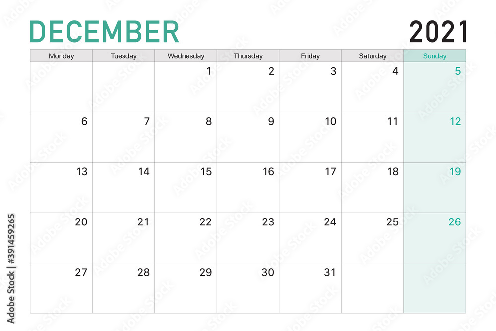 2021 December illustration vector desk calendar weeks start on Monday ...