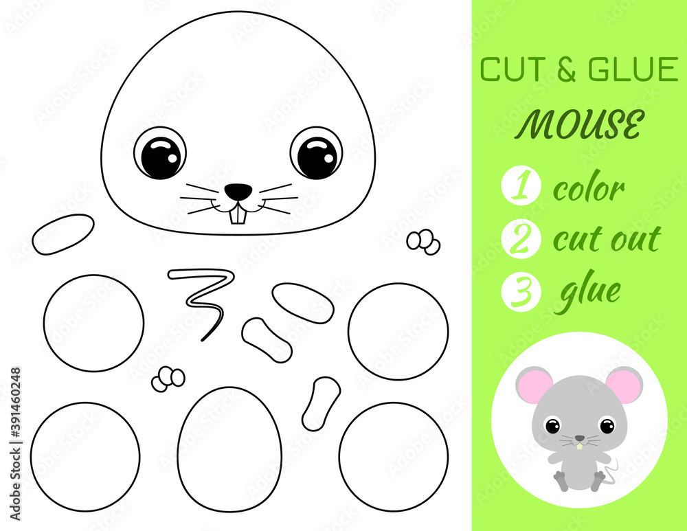 Simple educational game coloring page cut and glue sitting baby mouse ...