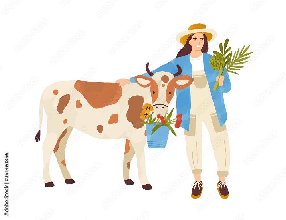 Female farmer character standing near cow. Woman feeding farm animal ...