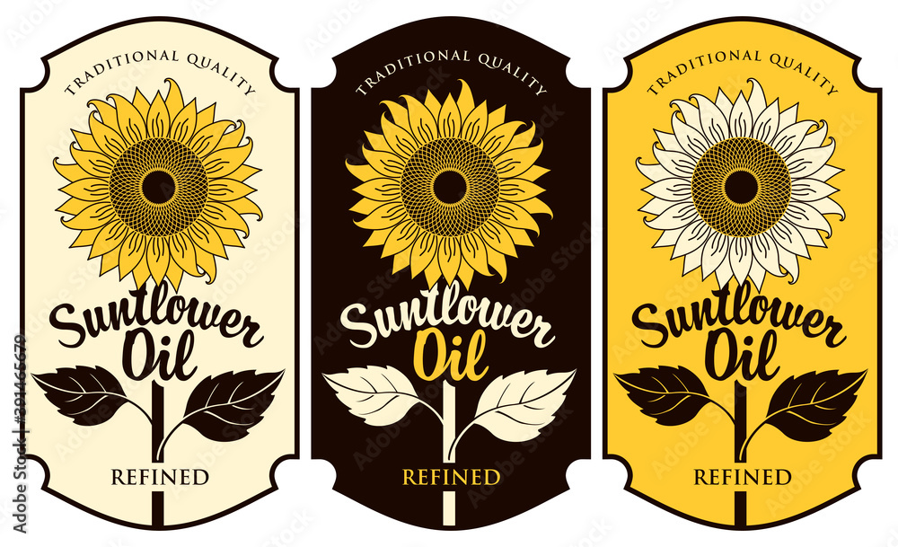Set of three labels for refined sunflower oil with a big blossom ...
