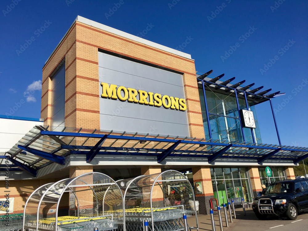 Swansea, UK: April 30, 2018: Main entrance to a Morrisons superstore ...