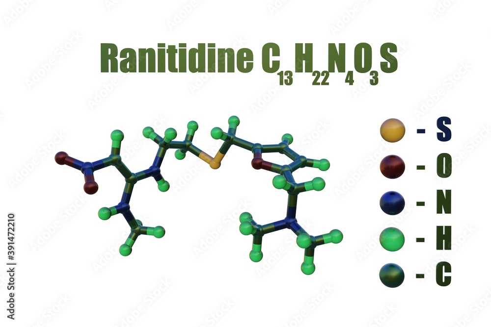 Structural chemical formula and molecular model of ranitidine, a ...