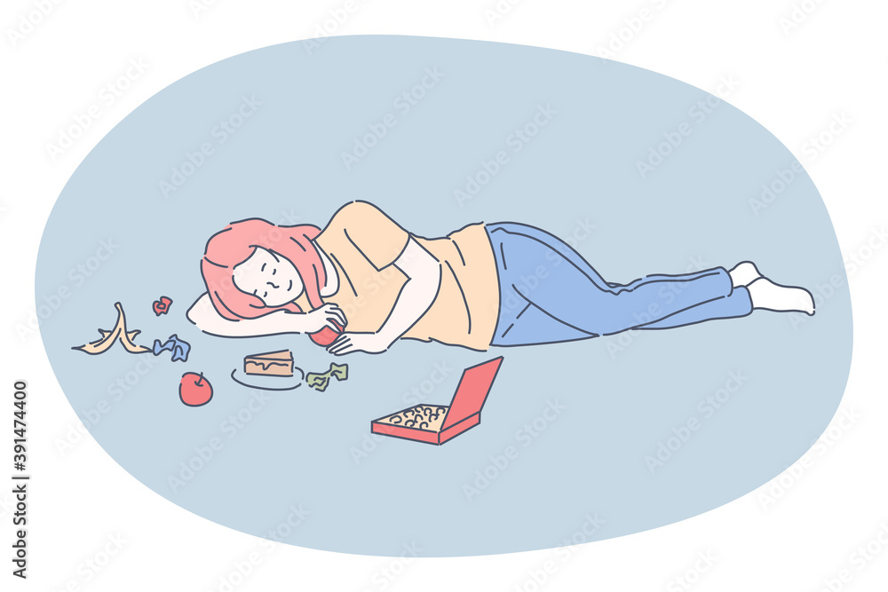 Overeat, relax with snacks, stress, sweets concept. Young smiling girl ...