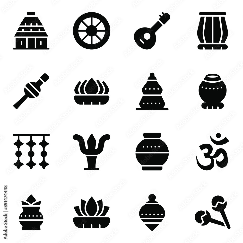 Indian Culture Elements Solid Icons Set Stock Vector | Adobe Stock