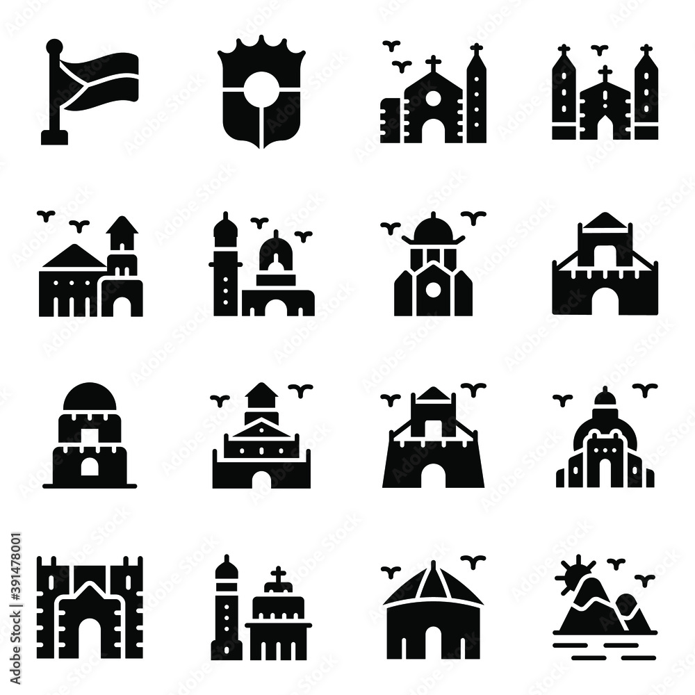 Philippine Landmarks Solid Icons Pack Stock Vector | Adobe Stock