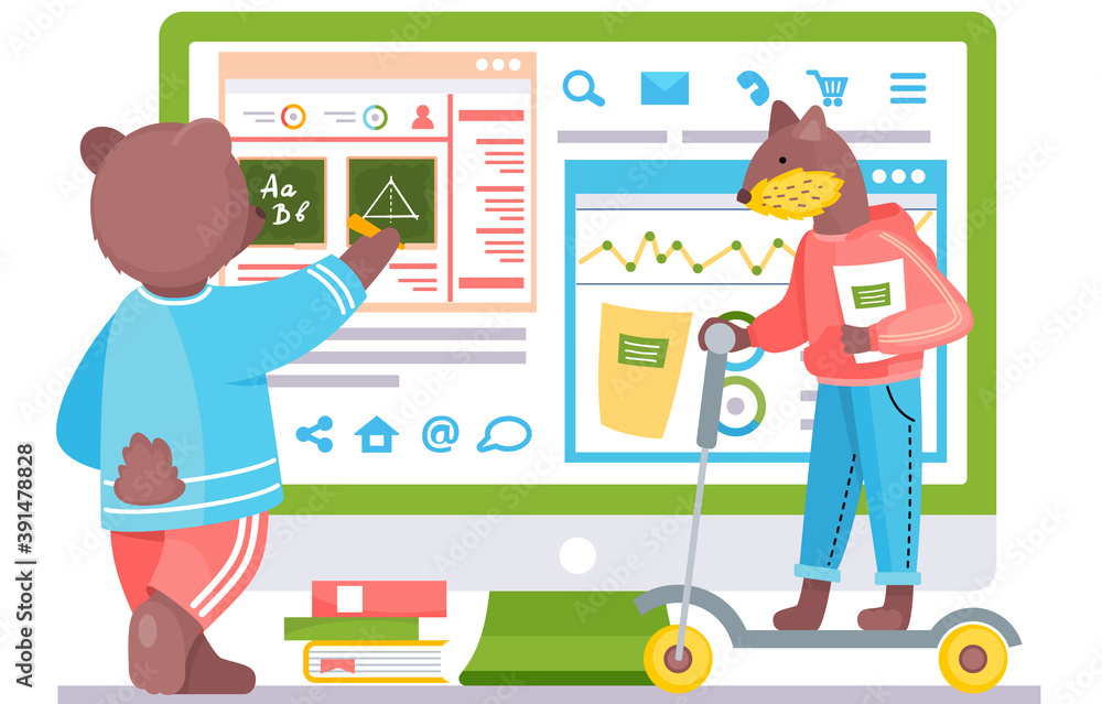 Smart bear schoolboy with chalk in hand is writing on a blackboard ...