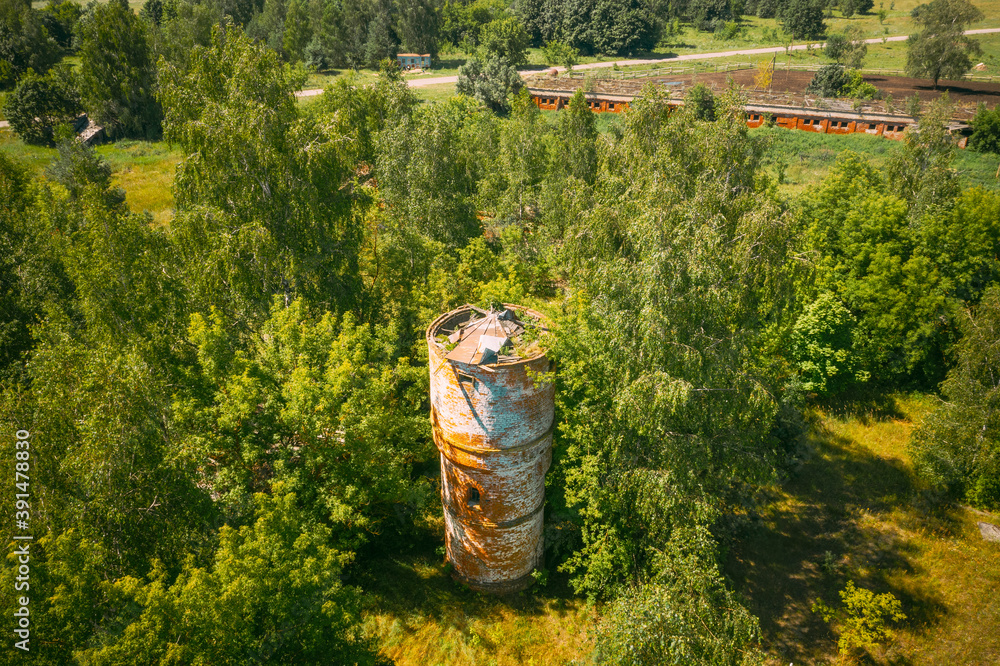 Belarus. Aerial View Of Ruined Water Tower In Chernobyl Zone. Chornobyl ...