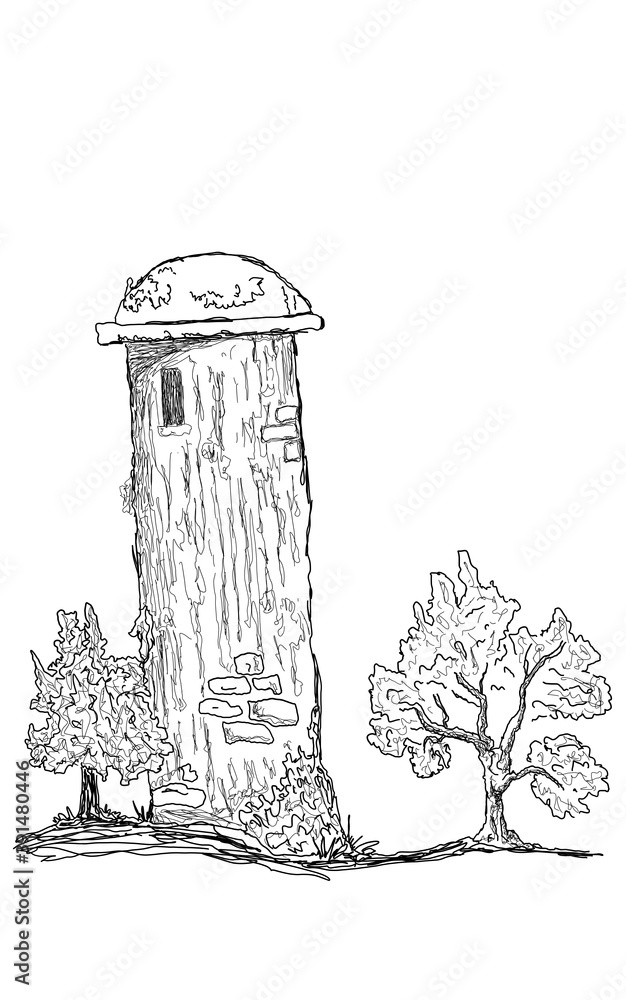 Remote stone tower in the forest. Isolated in the woodland. Hand drawn ...