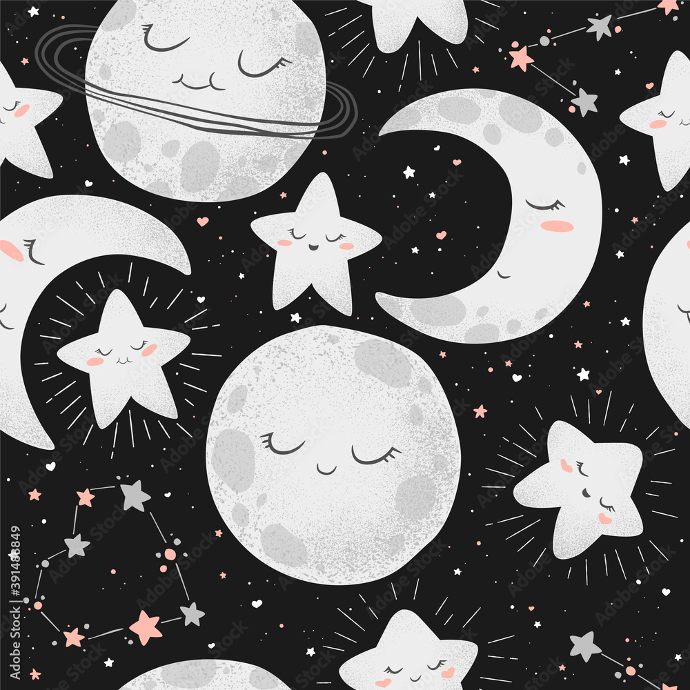 Seamless vector pattern with cute hand drawn cartoon moons, planets and ...