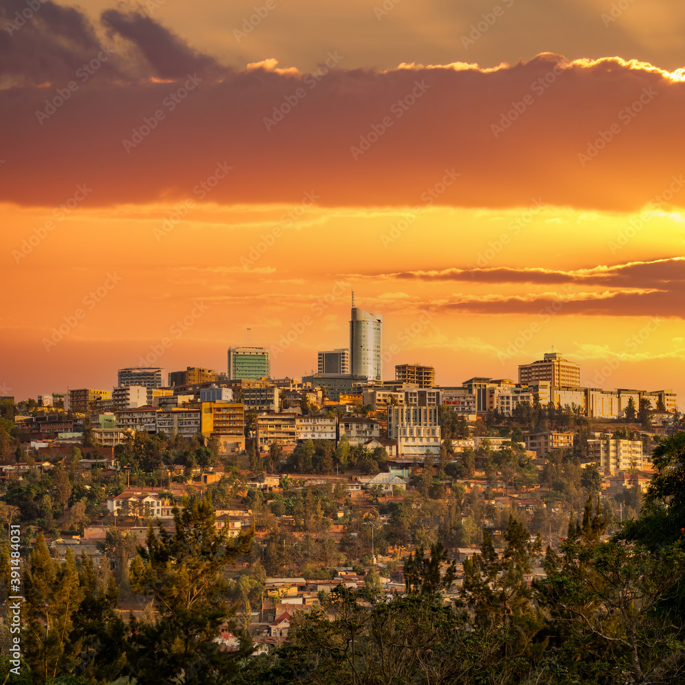 Kigali downtown skyscraper on top of the hill at dusk Stock Photo ...