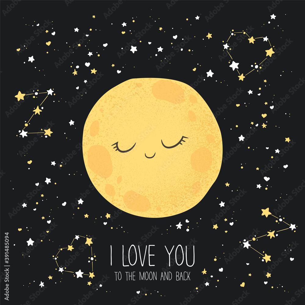 Vector illustration with cute hand drawn cartoon moon, stars and quote ...