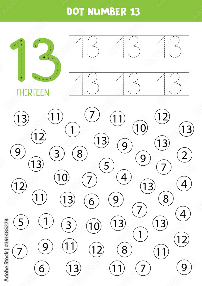 Find and dot number 13. Math game for kids. Stock Vector | Adobe Stock