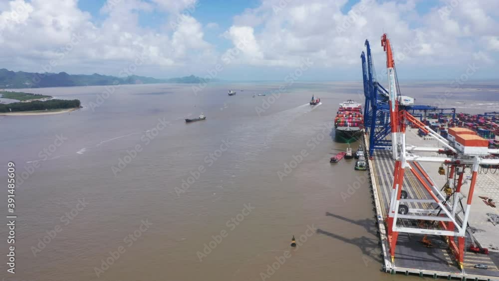 Aerial view, top view cargo ship port in the export, import by ship ...