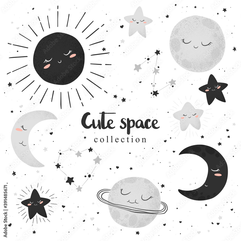 Vector illustration with cute hand drawn cartoon space objects ...