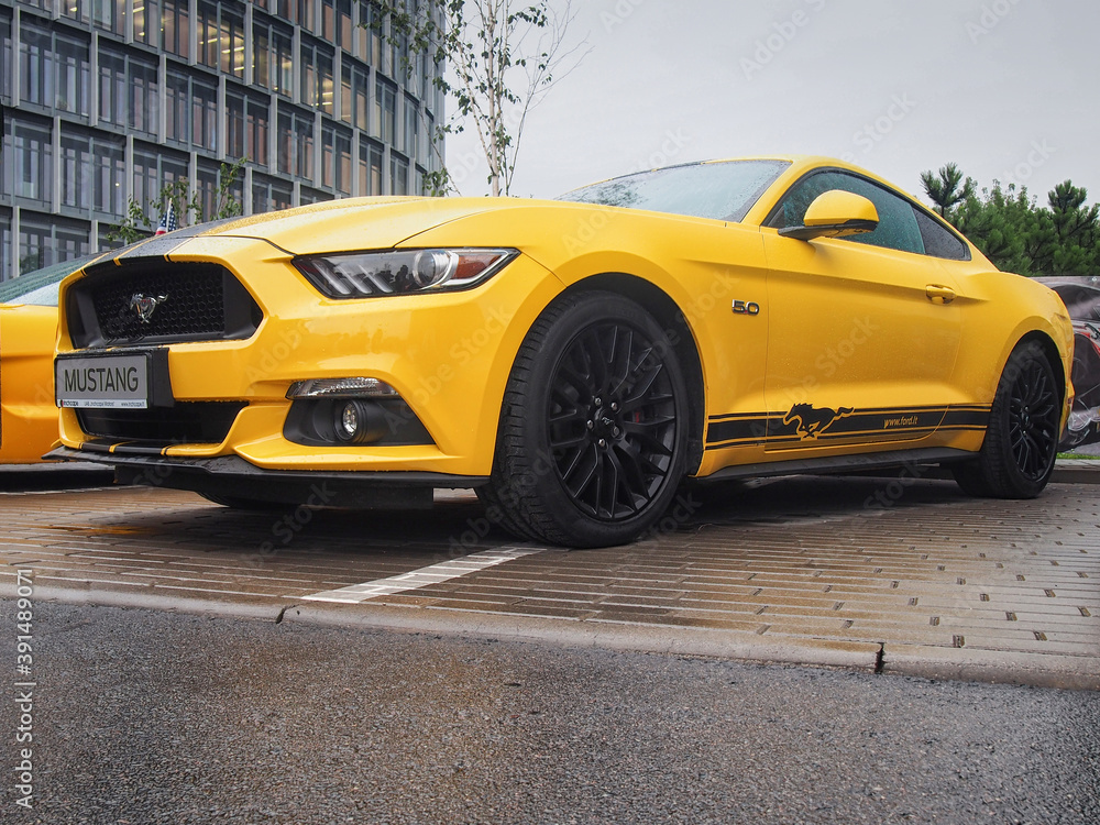 VILNIUS, LITHUANIA-AUGUST 20, 2017: Yellow Ford Mustang 5.0 L Coyote ...