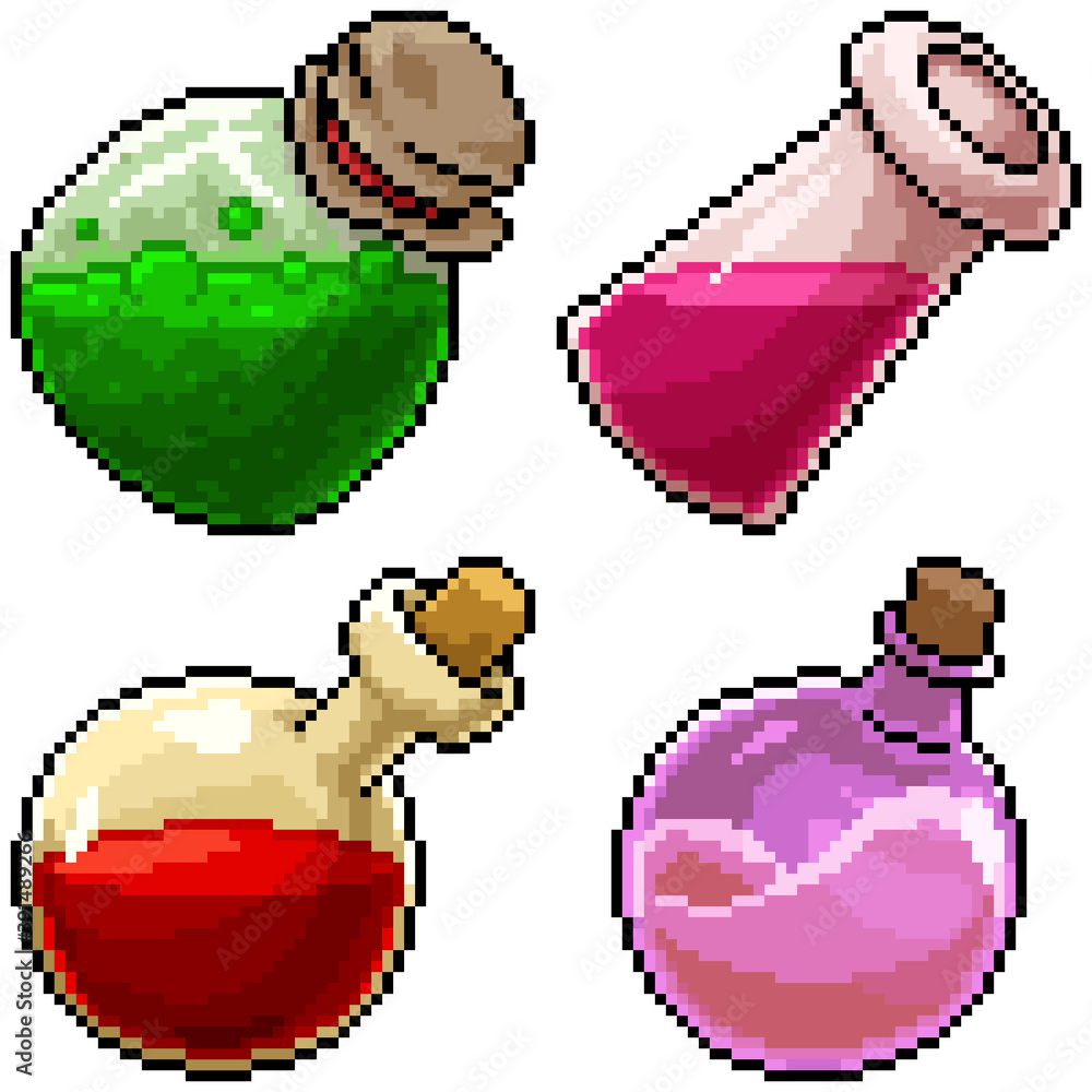 pixel art set isolated potion bottle Stock Vector | Adobe Stock
