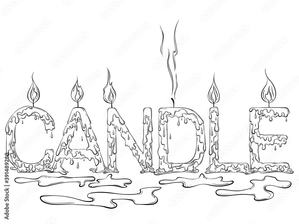 Lettering dripping word Candle in the form of burning candles. Vector ...