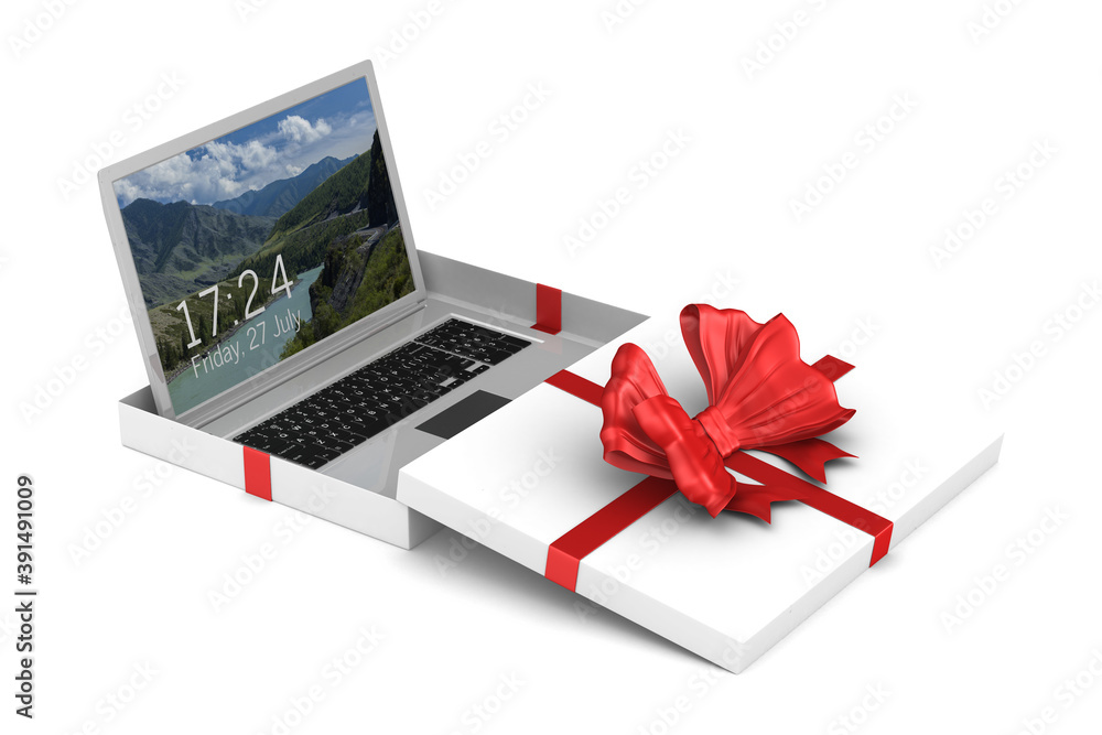 laptop into gift box on white background. Isolated 3D illustration ...