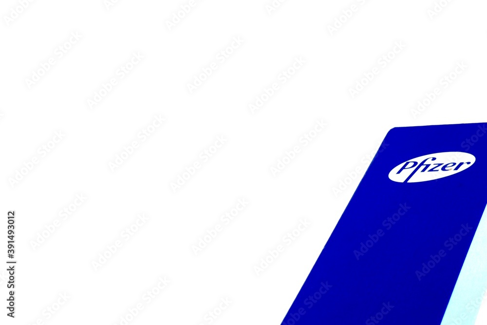 New York, USA – November 10, 2020: Pfizer logo on the medicine box ...