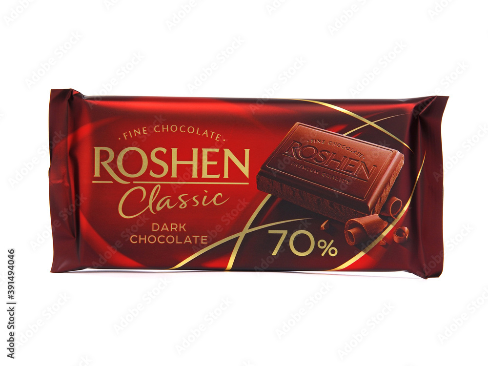 BUCHAREST, ROMANIA - OCTOBER 28, 2019. Roshen Classic Dark chocolate ...