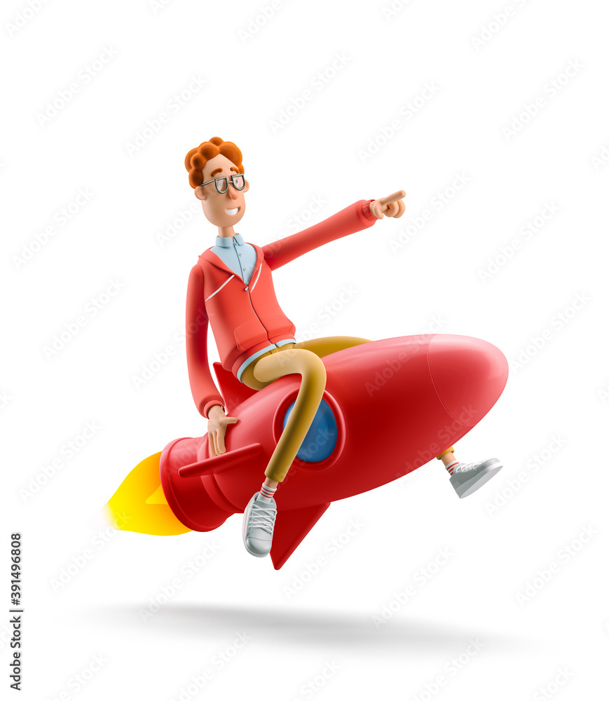 3d illustration. Nerd Larry is flying on a rocket. Innovation and ...