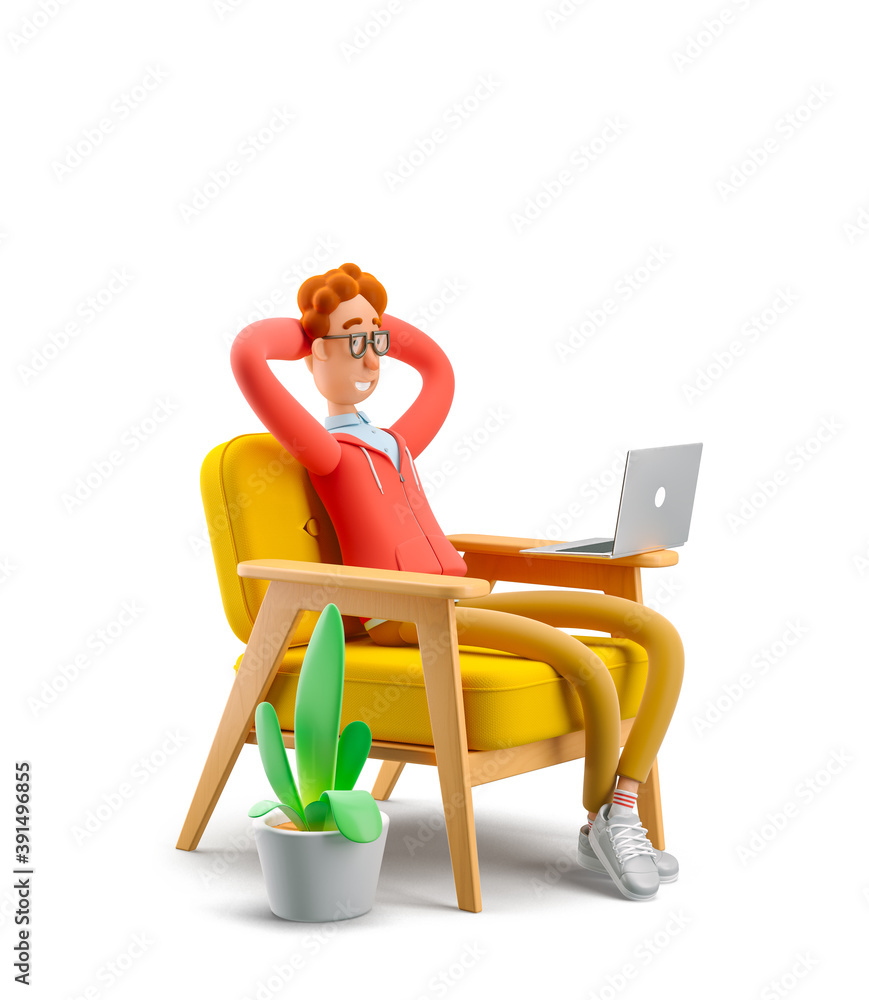 3d illustration. Nerd Larry sits is resting in a chair and watching a ...