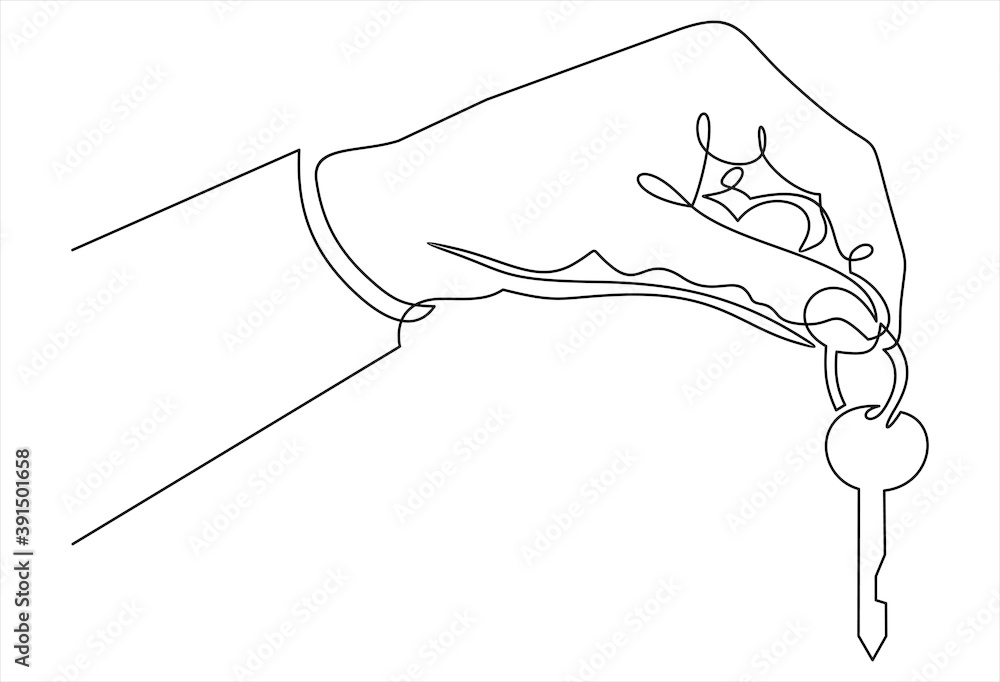 Continuous line drawing. The hand holds the keys to the car or ...