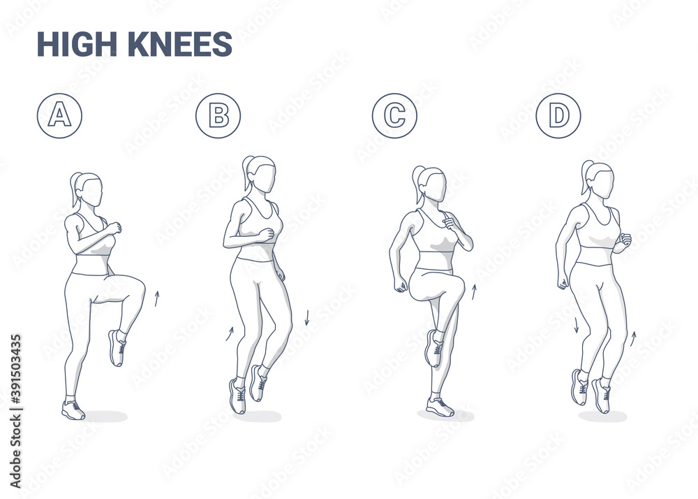 High knees exercise woman cartoon vector illustration concept. Stock ...
