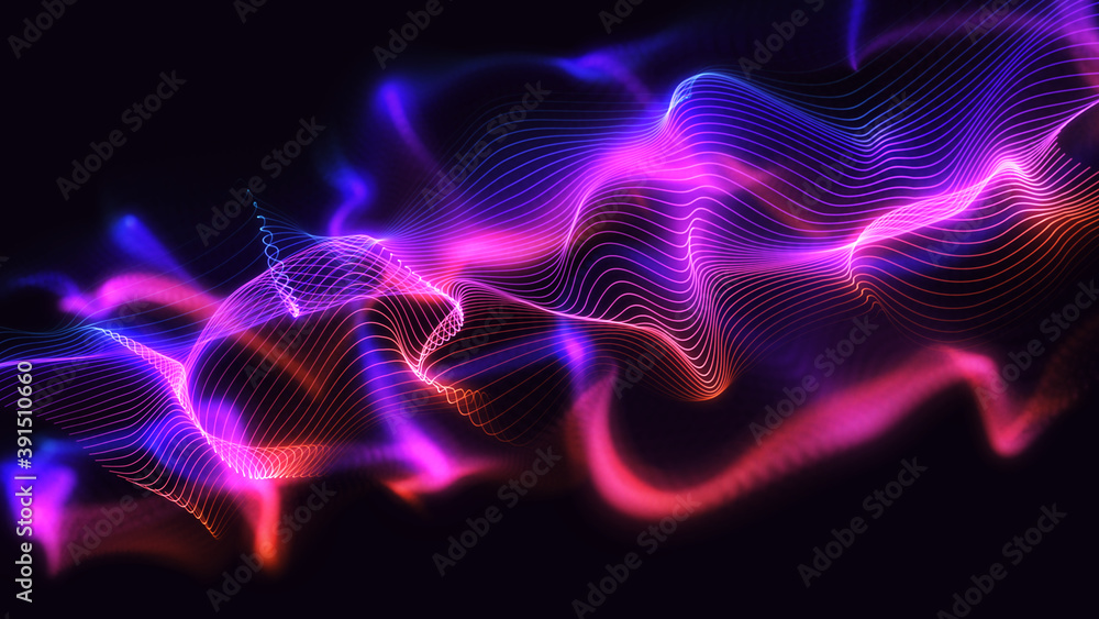 Abstract techy background illustration. Glowing wavy line particles ...