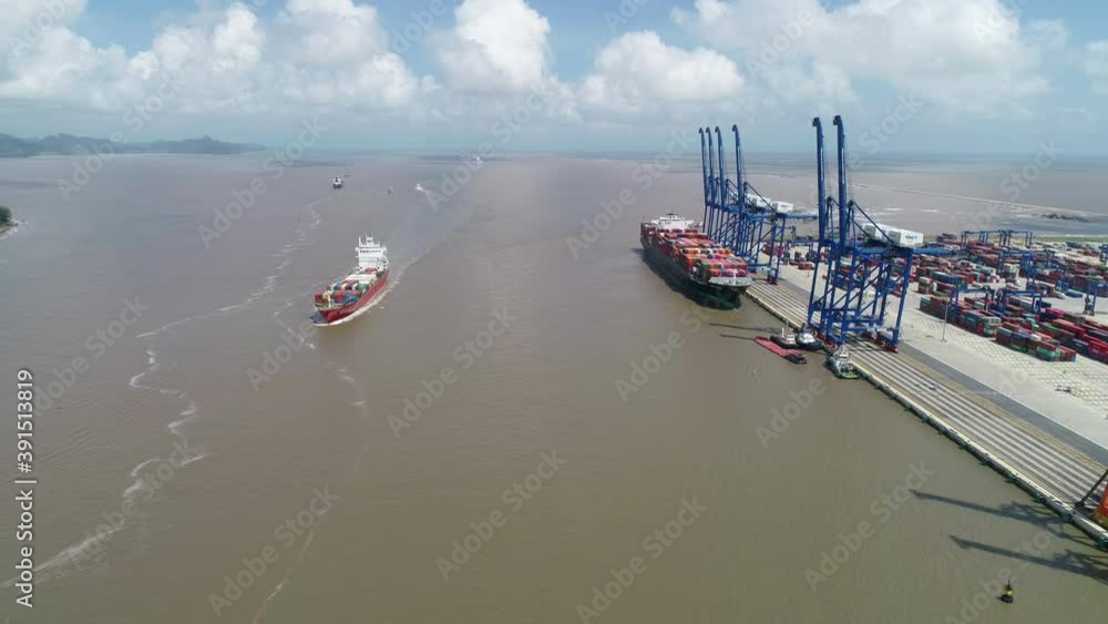 Aerial view and top view cargo ship port in the export and import ...