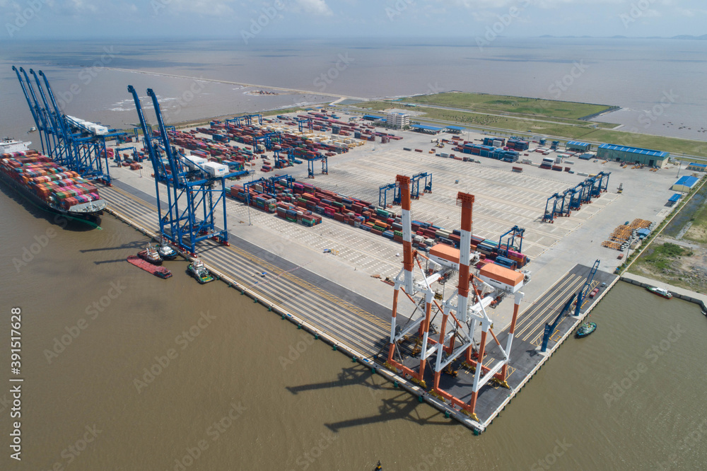 Aerial view, top view cargo ship port in the export, import by ship ...