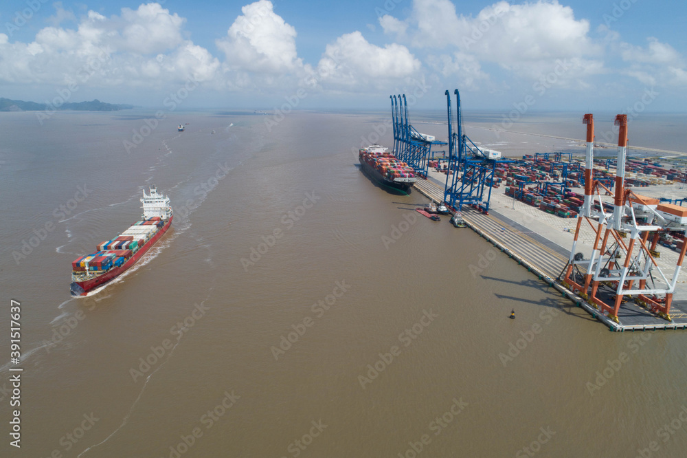 Aerial view, top view cargo ship port in the export, import by ship ...