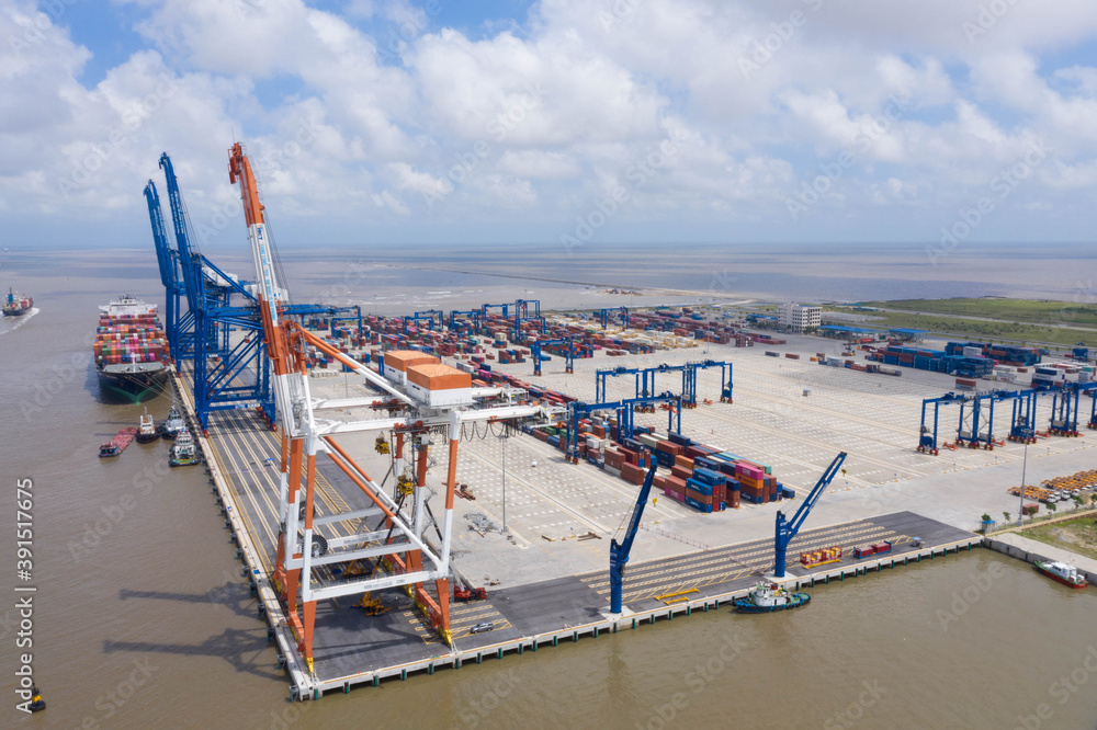 Aerial view, top view cargo ship port in the export, import by ship ...