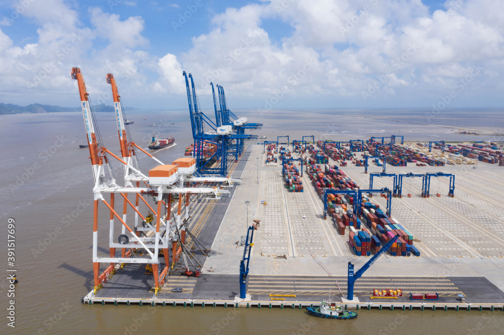 Aerial view, top view cargo ship port in the export, import by ship ...