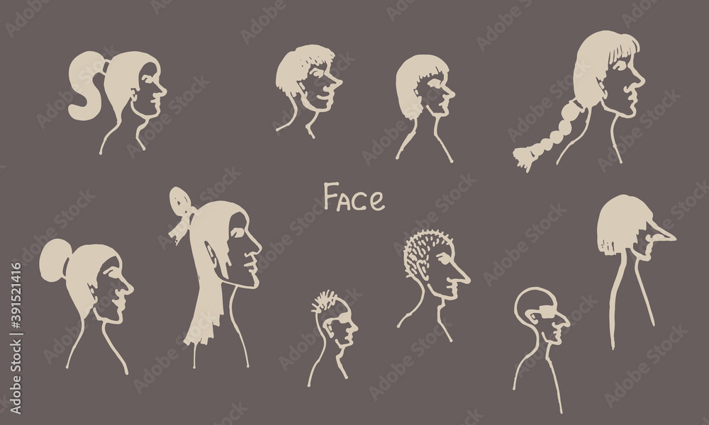 Half face silhouette. Vector hand drawn ink illustration. People's head ...
