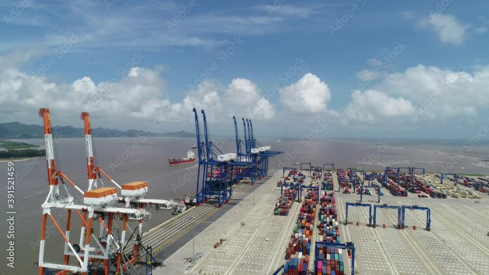 Aerial view and top view cargo ship port in the export and import ...