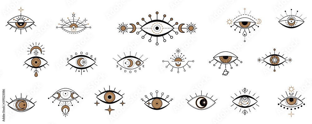 Evil seeing eye symbol set. Occult mystic emblem, graphic design tattoo ...