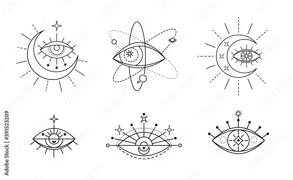 Evil seeing eye symbol set. Occult mystic emblem, graphic design tattoo ...