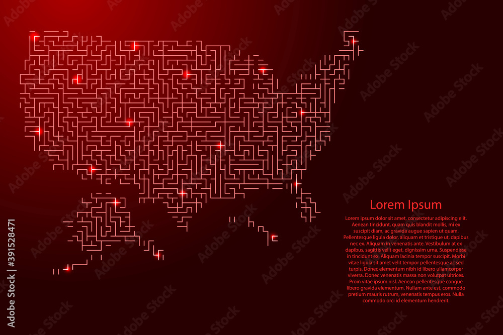 United States of America, USA map from red pattern of the maze grid and ...