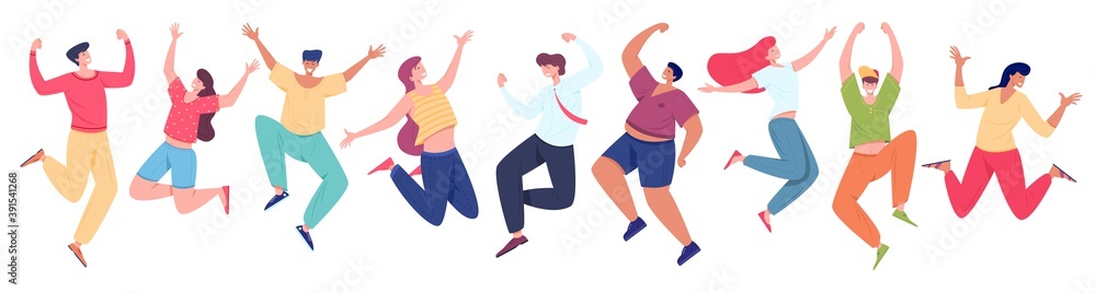 Team of jumping or dancing people, vector flat cartoon illustration ...